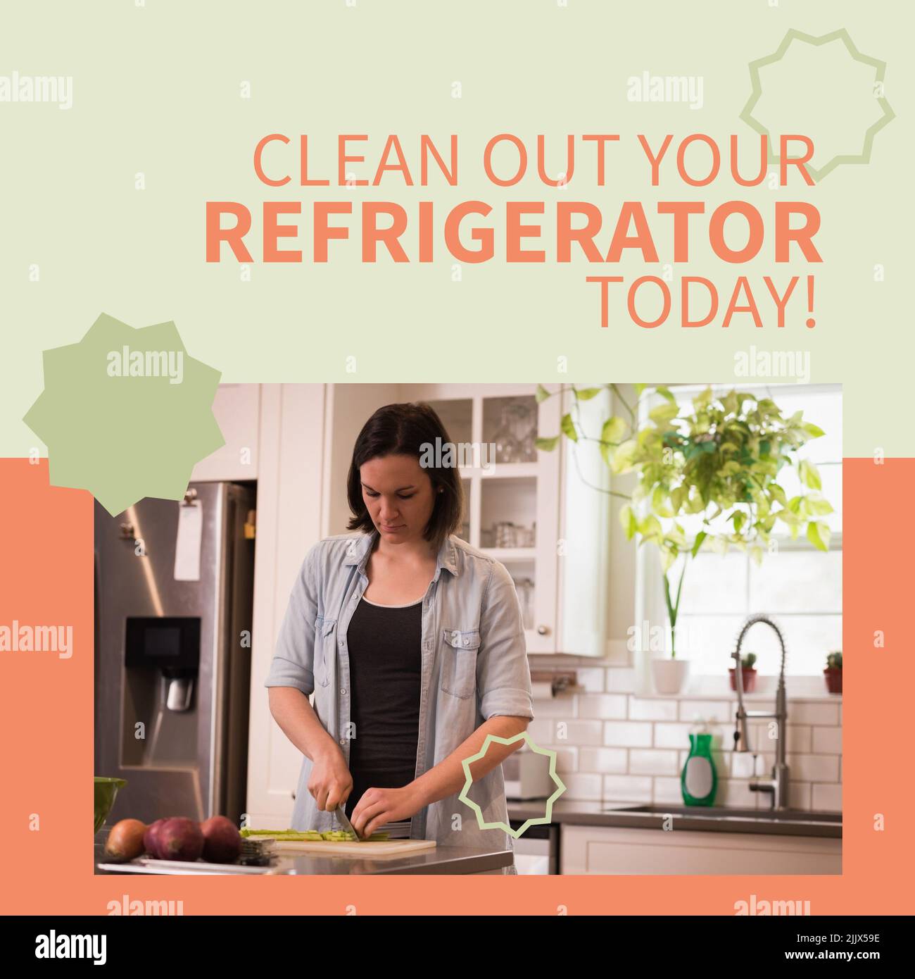 Image of clean out you refrigerator today over caucasian woman cooking ...