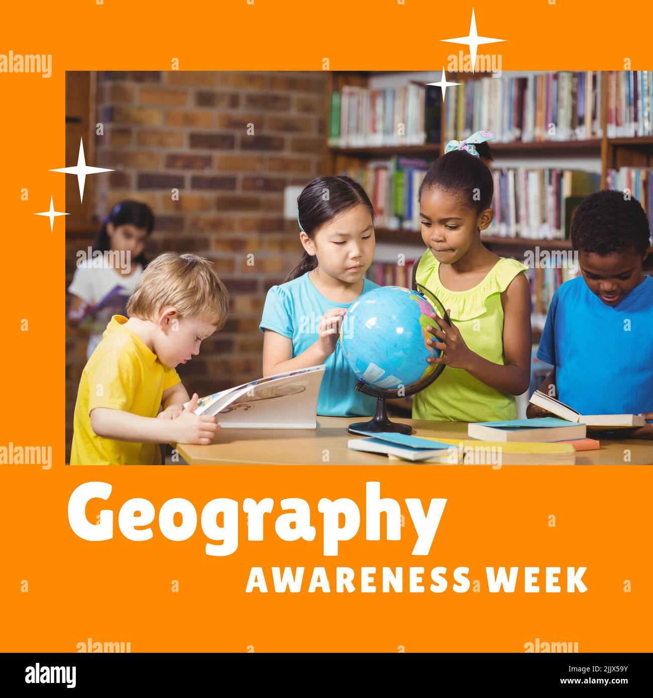 Image of geography awareness week over happy diverse pupils with globe ...