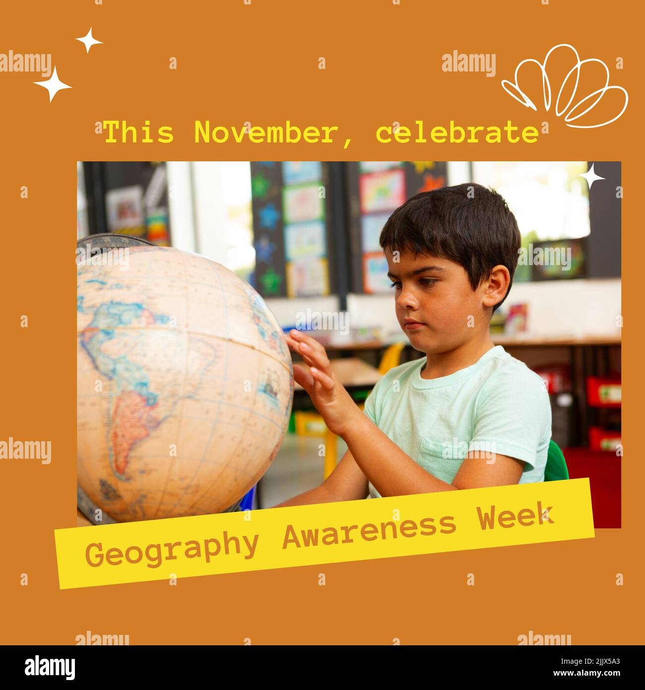 Image of geography awareness week over hispanic boy with globe Stock ...