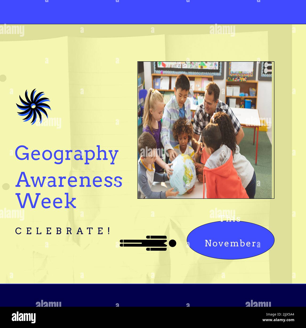 Image of geography awareness week over class of diverse pupils with ...