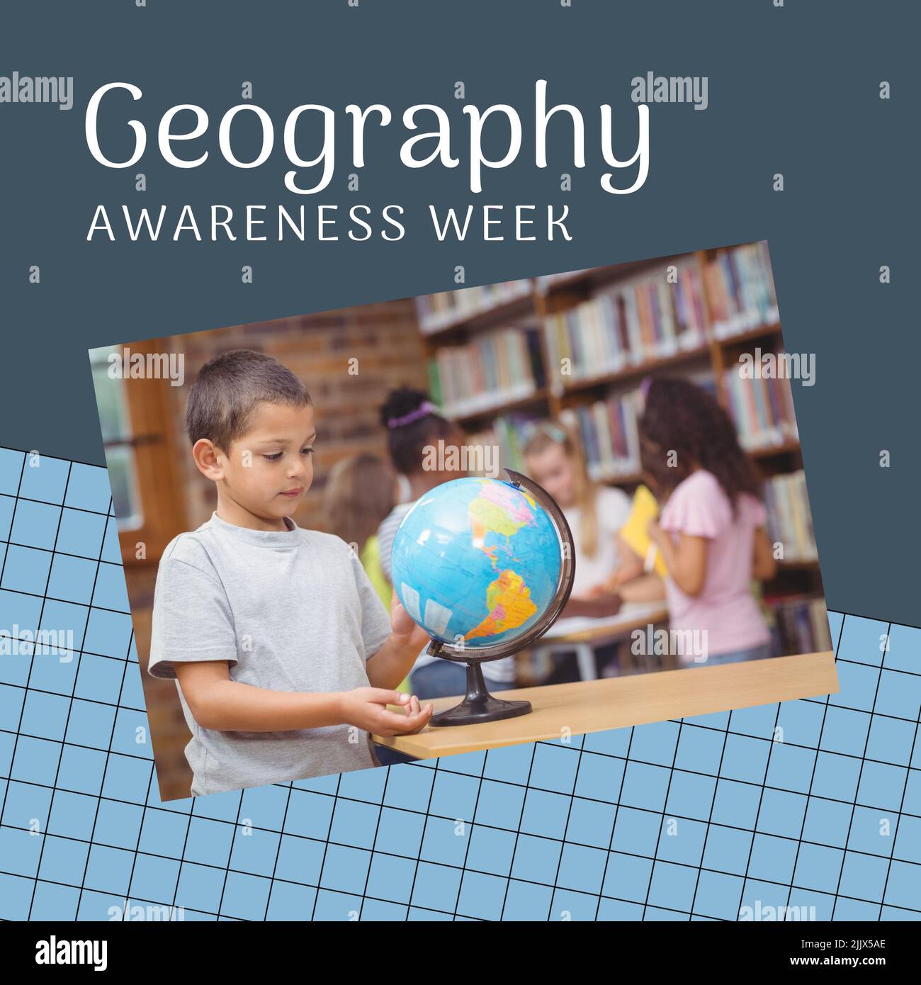 Image of geography awareness week over happy caucasian boy with globe ...