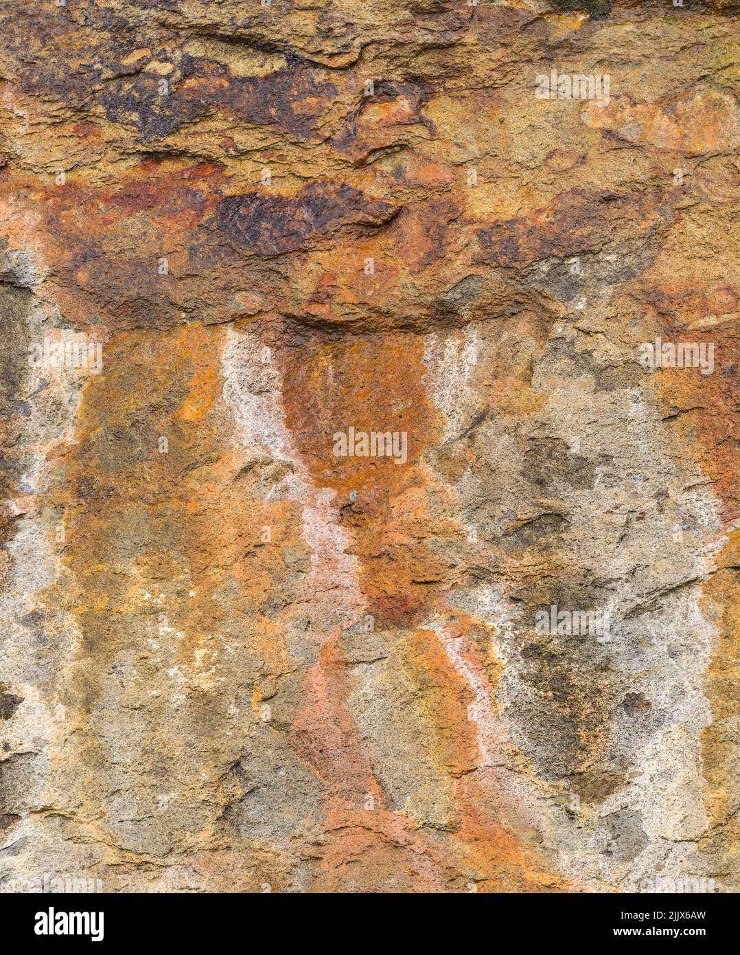 Recent rain enhances the color in mineral-stained cliff face rock on ...