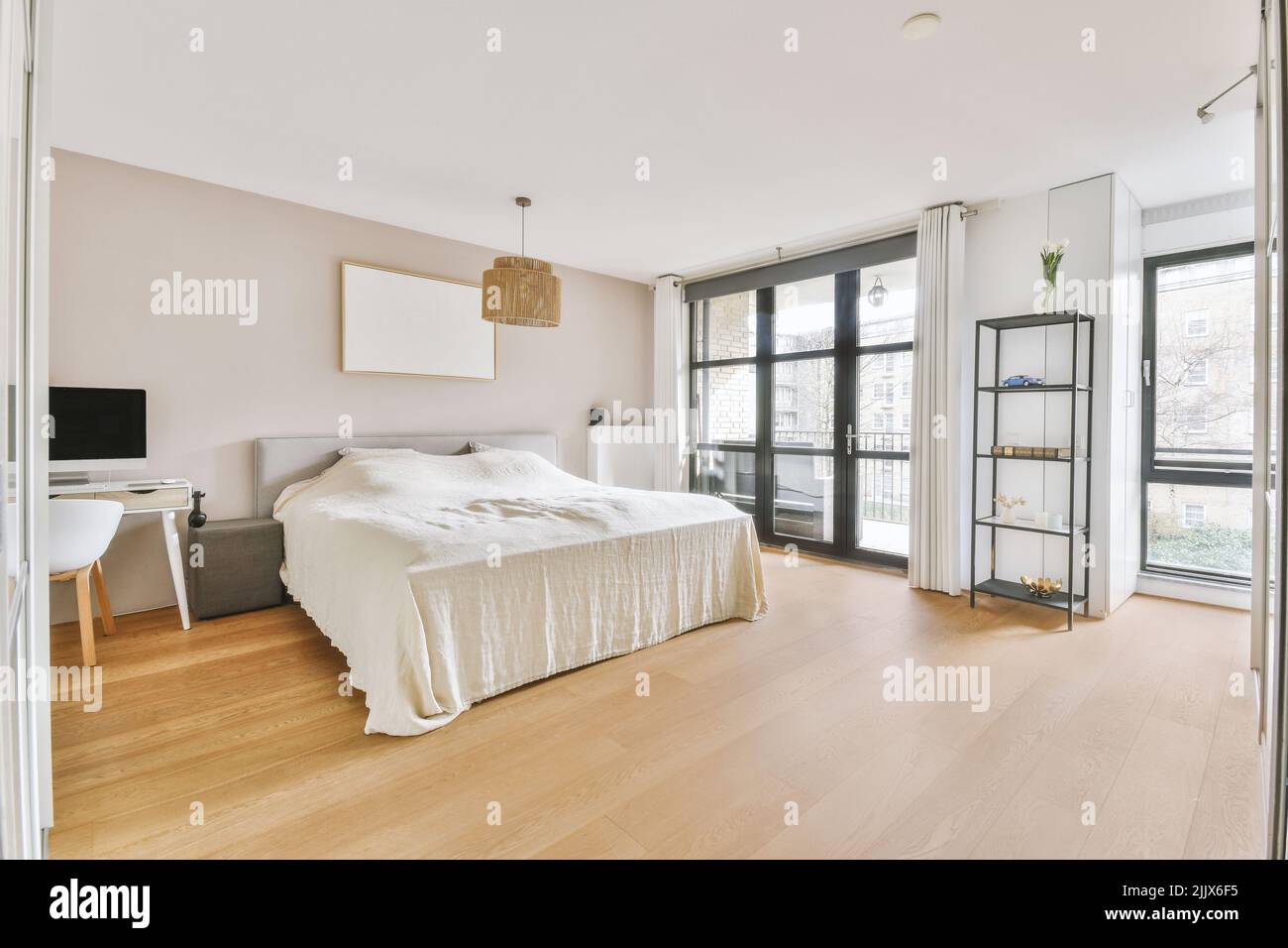 Home interior design of bedroom with bed placed near window in modern ...