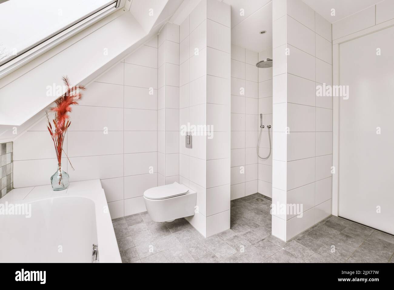Interior of a sink with a shower closed with white walls next to the ...
