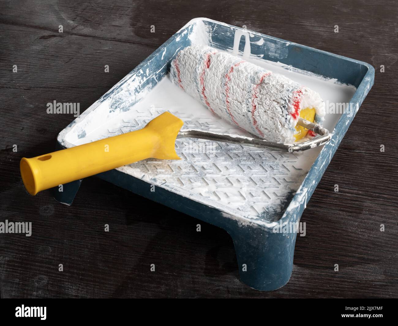 paint tray and roller, renovation tools closeup Stock Photo - Alamy