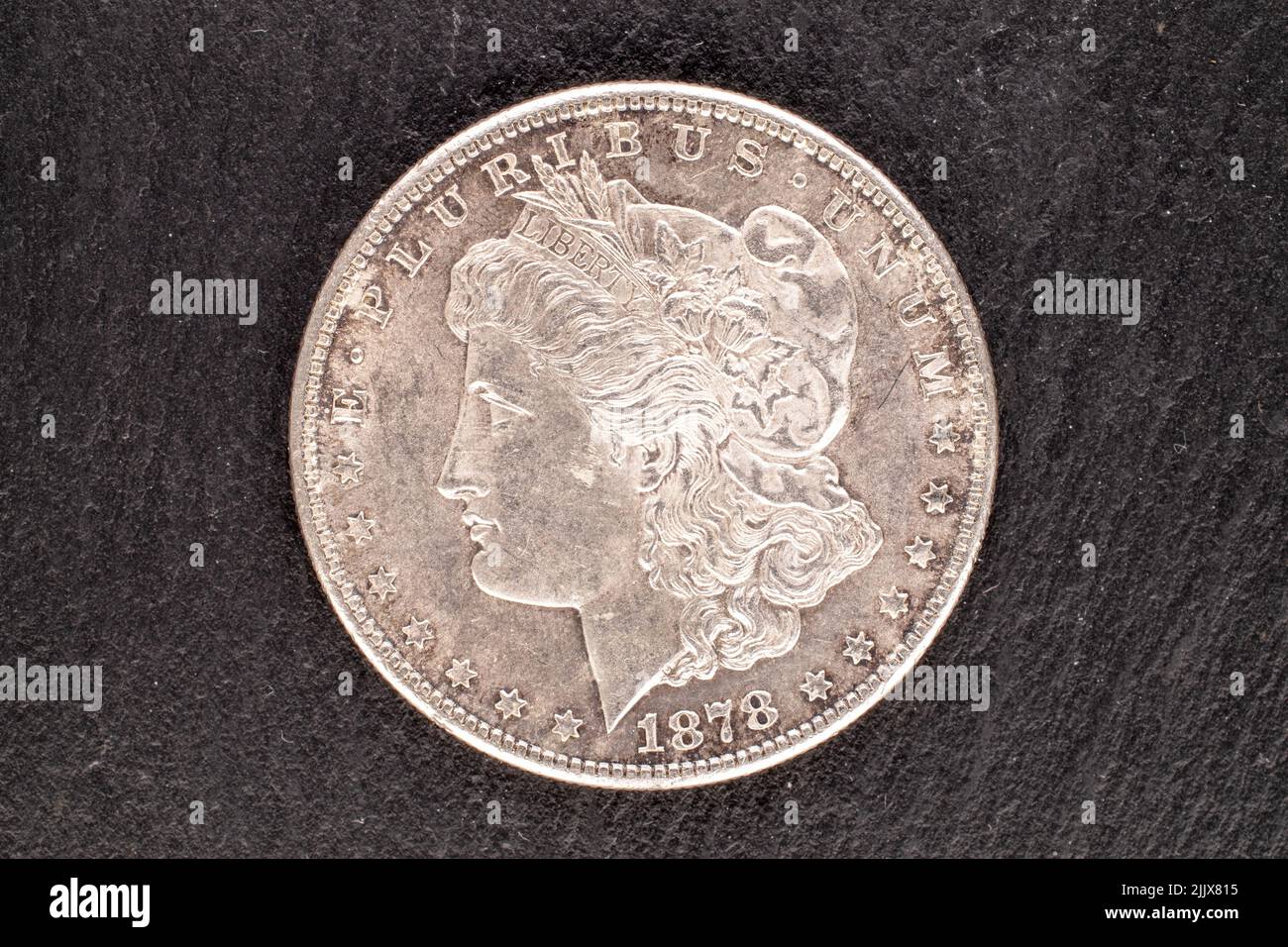One silver dollar coin, close up, top view Stock Photo - Alamy