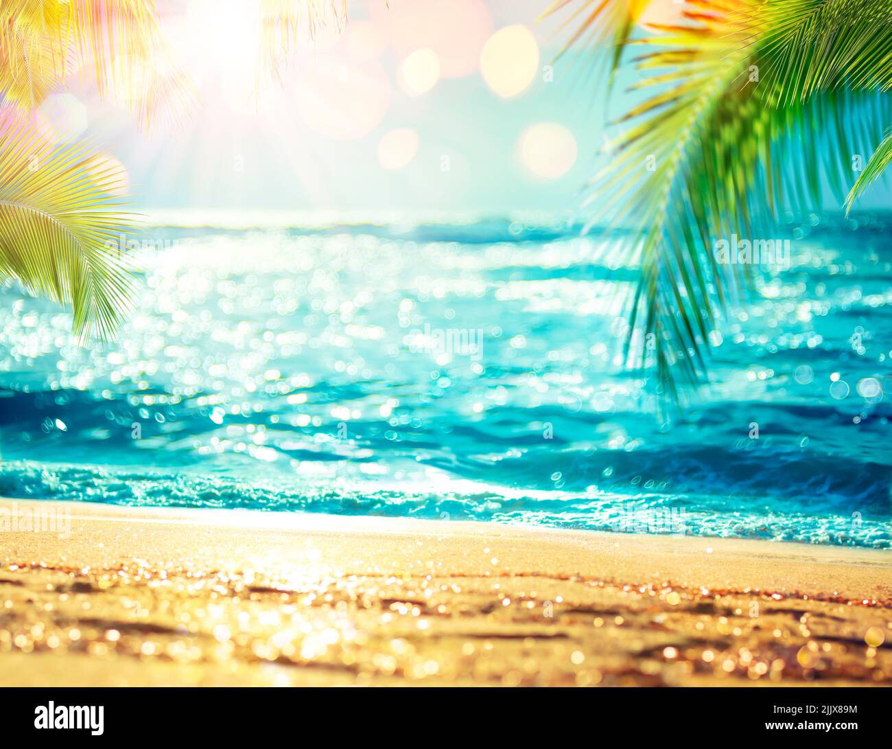 Sand And Sea - Beach Summer With Defocused Ocean and Bokeh Lights - Abstract Blurred Seashore ...