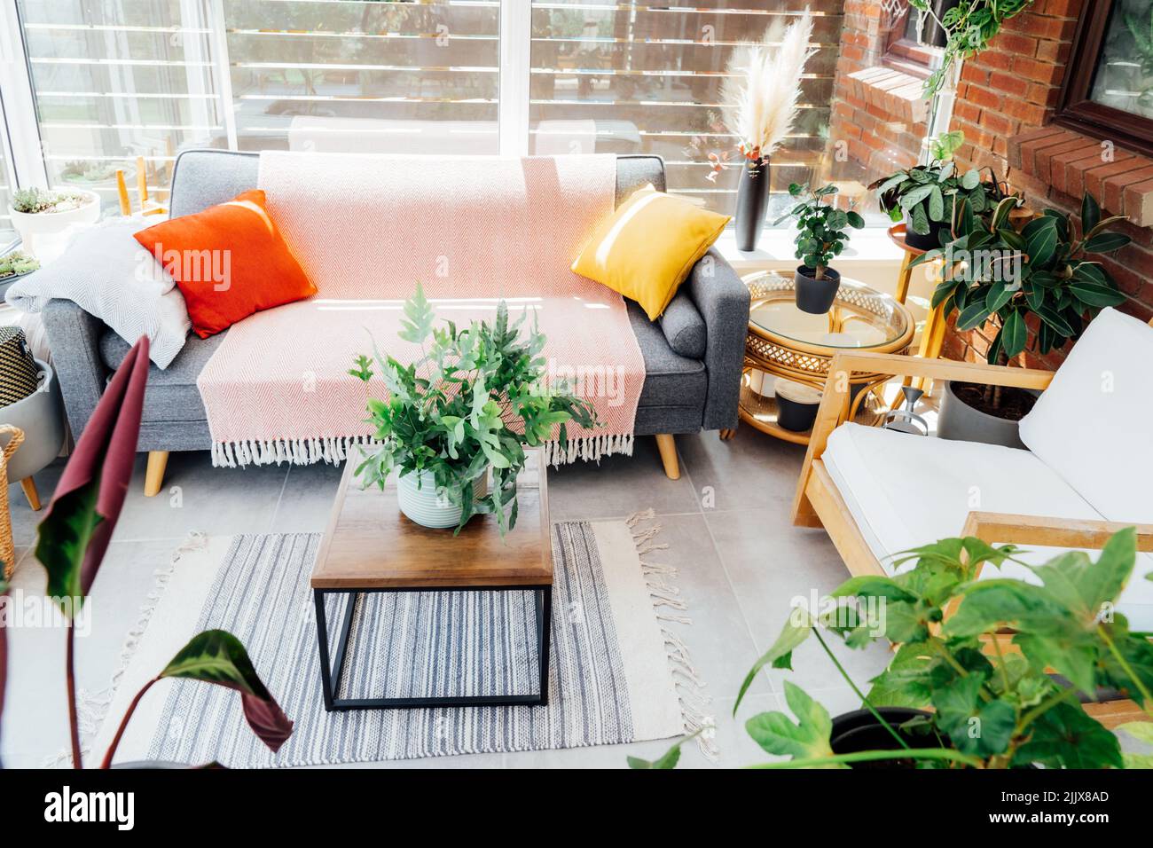 Cozy, light conservatory interior design with gray sofa decorated with ...