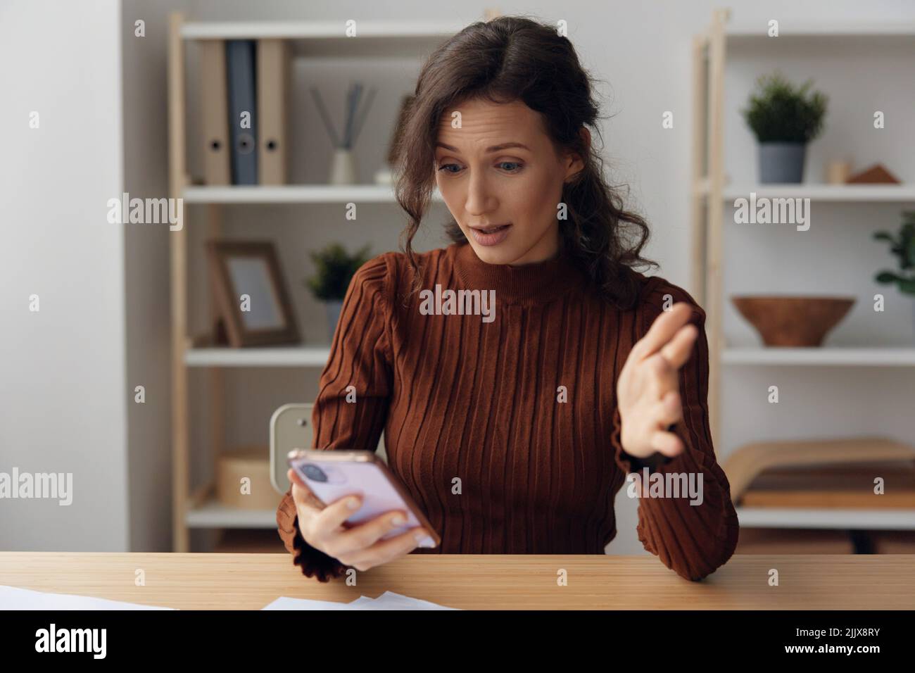 Shocked scandalize irritated angry curly pretty woman quarrel with ...