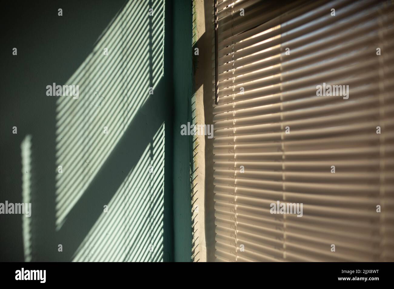 Light through blinds. Light from window. White blinds. Interior details ...