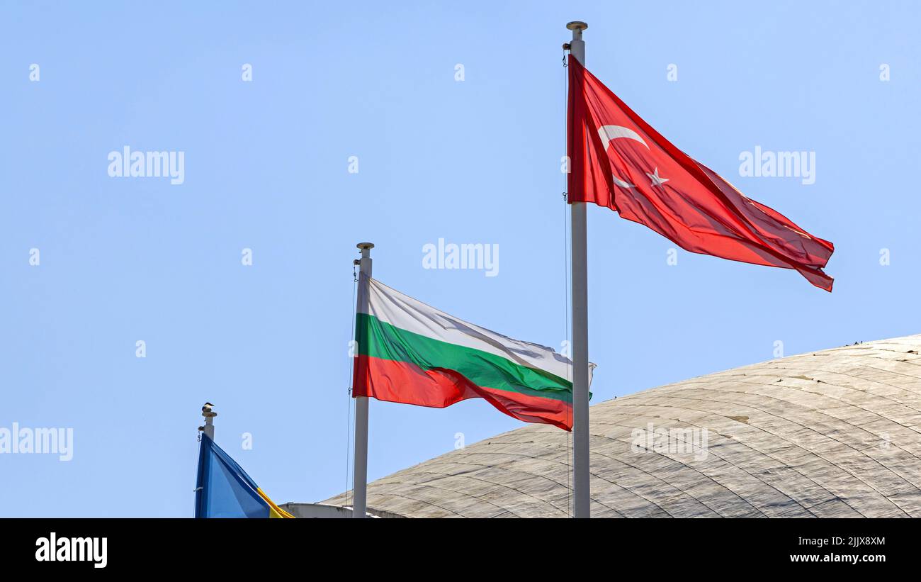 National Flags of Bulgaria and Turkey Countries Together Sunny Day ...