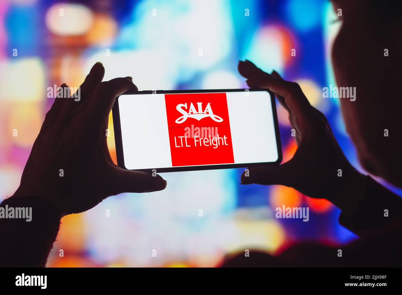In this photo illustration, the Saia, Inc. logo is displayed on a ...