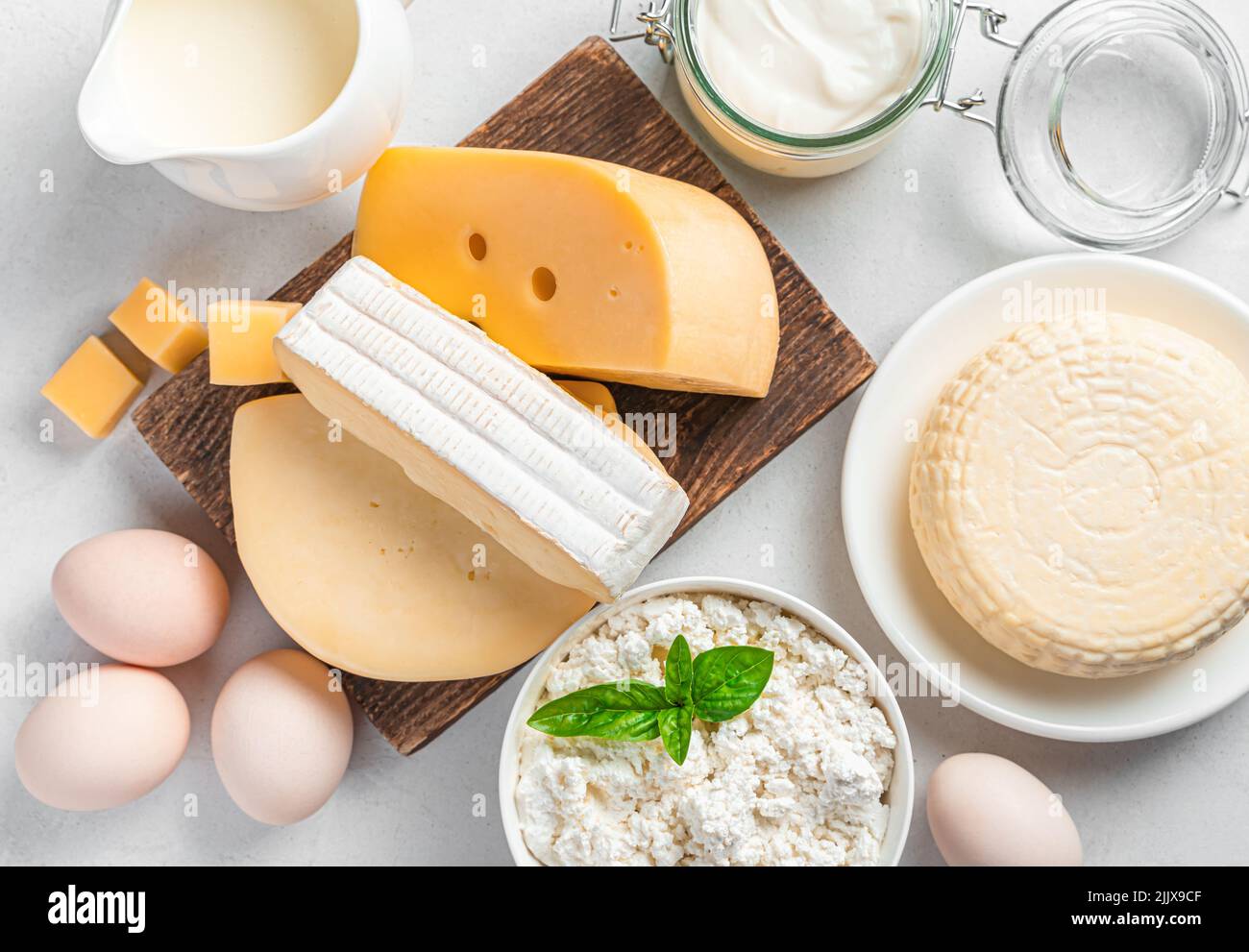 Different types of cheeses and dairy products on a gray background ...