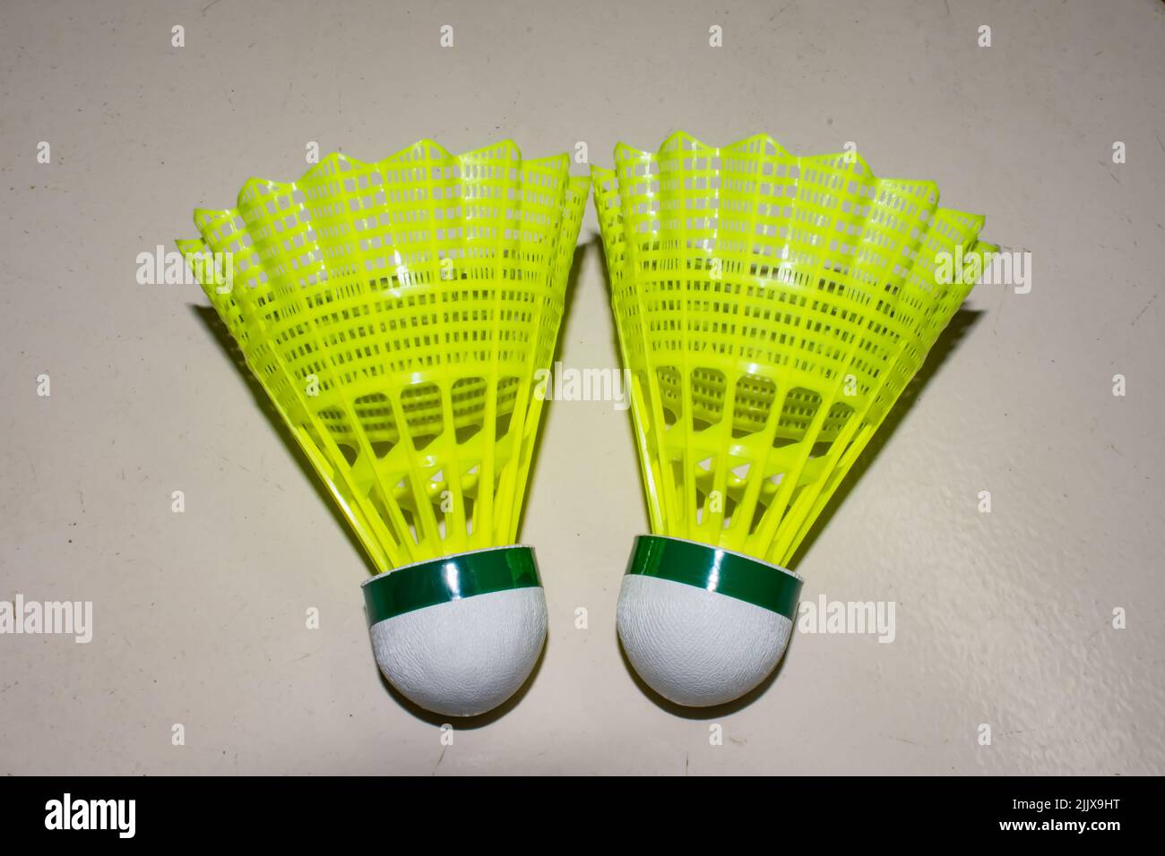 Nylon made yellow color badminton shuttlecock close view looking ...