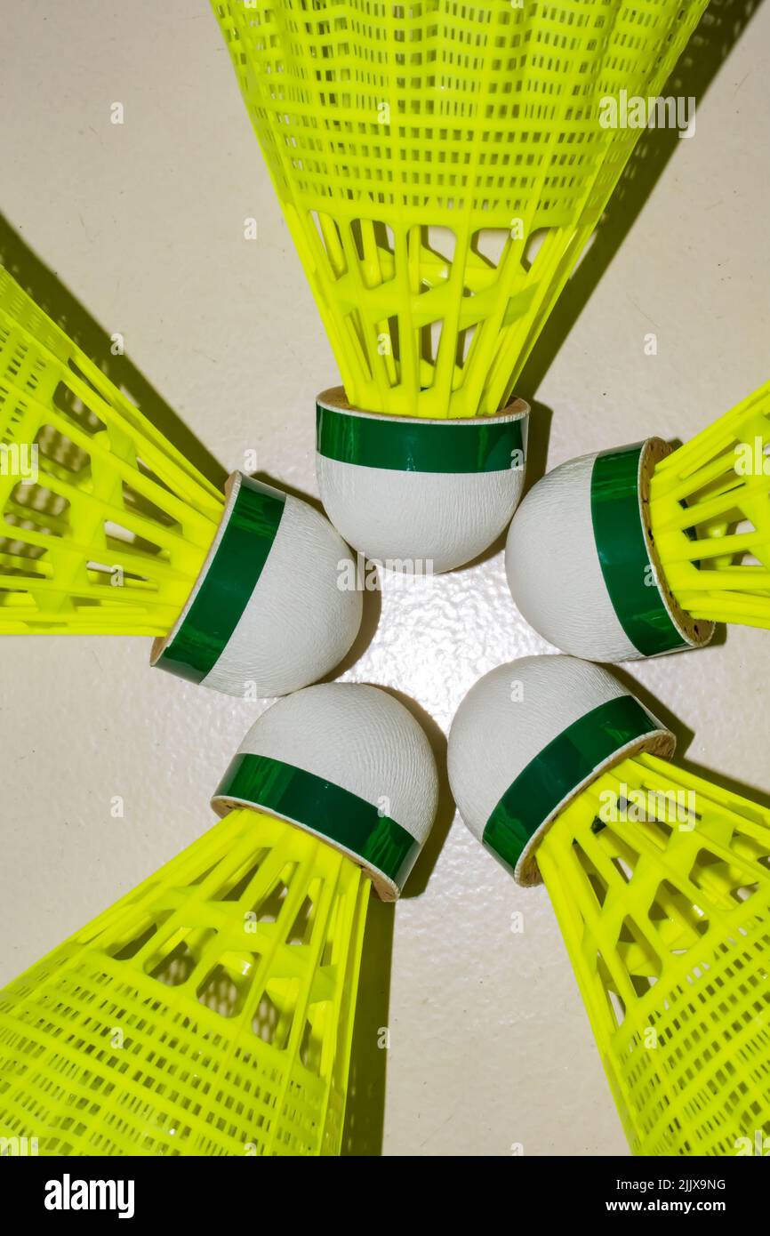 Nylon made yellow color badminton shuttlecock close view looking ...