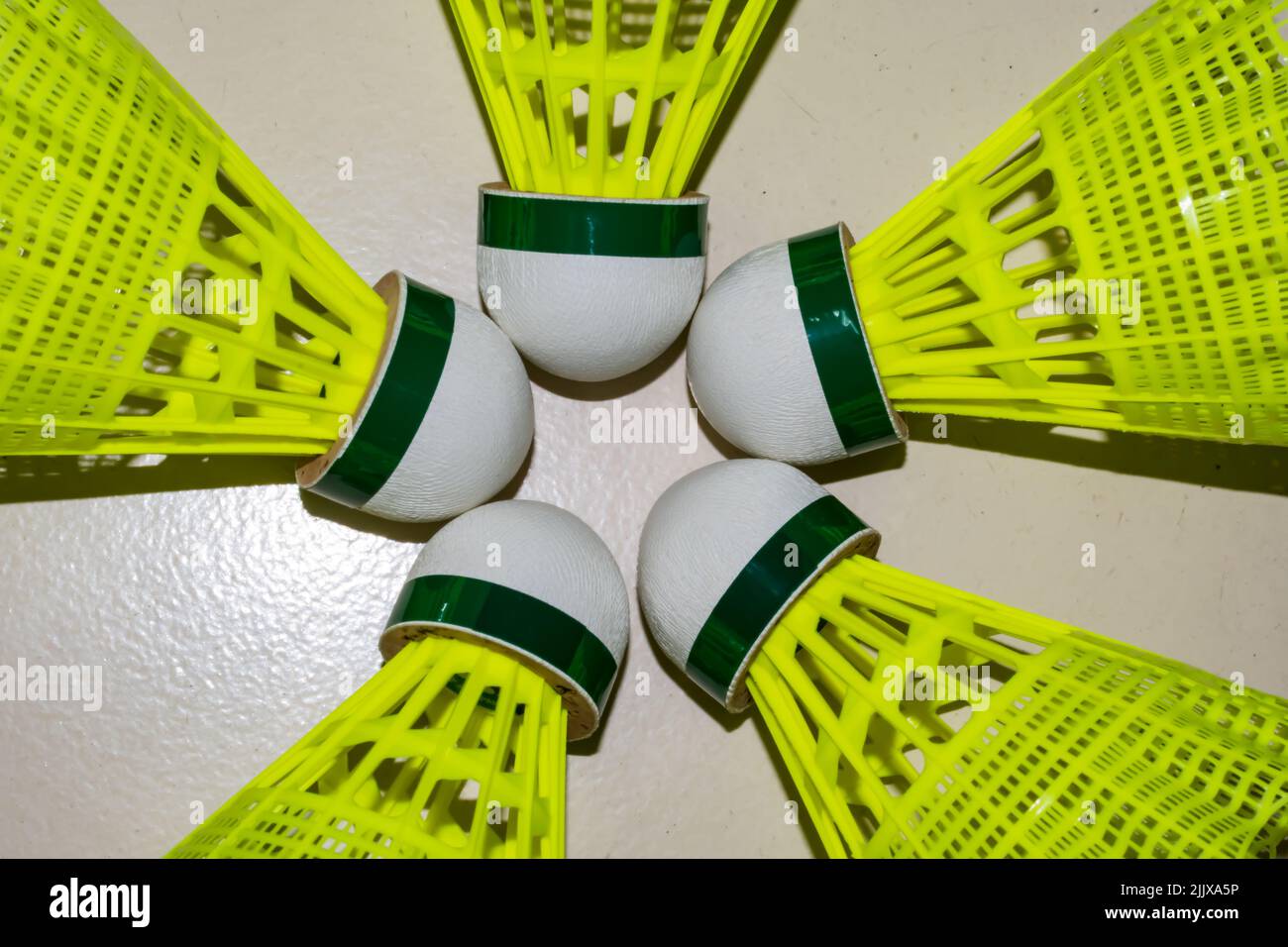 Nylon made yellow color badminton shuttlecock close view looking ...