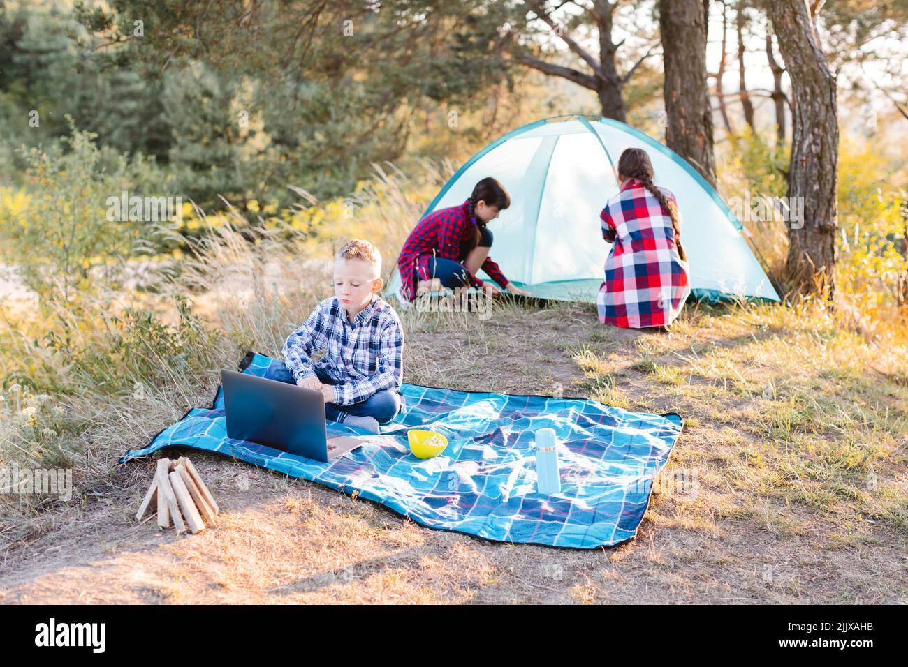 Lets go camping. Family camping. Reach destination place. Two girls ...