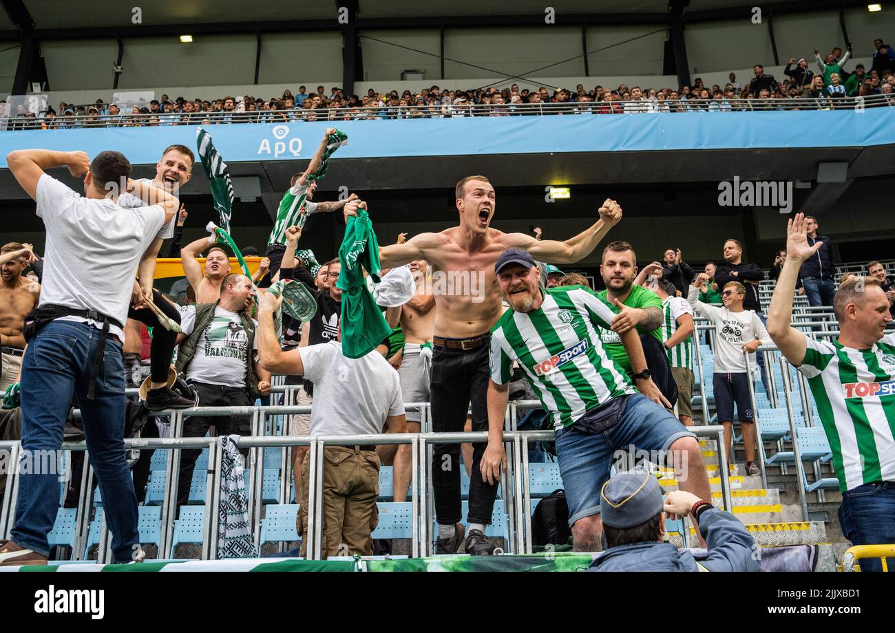 Malmoe, Sweden. 27th July, 2022. Football fans of Zalgiris Vilnius seen ...