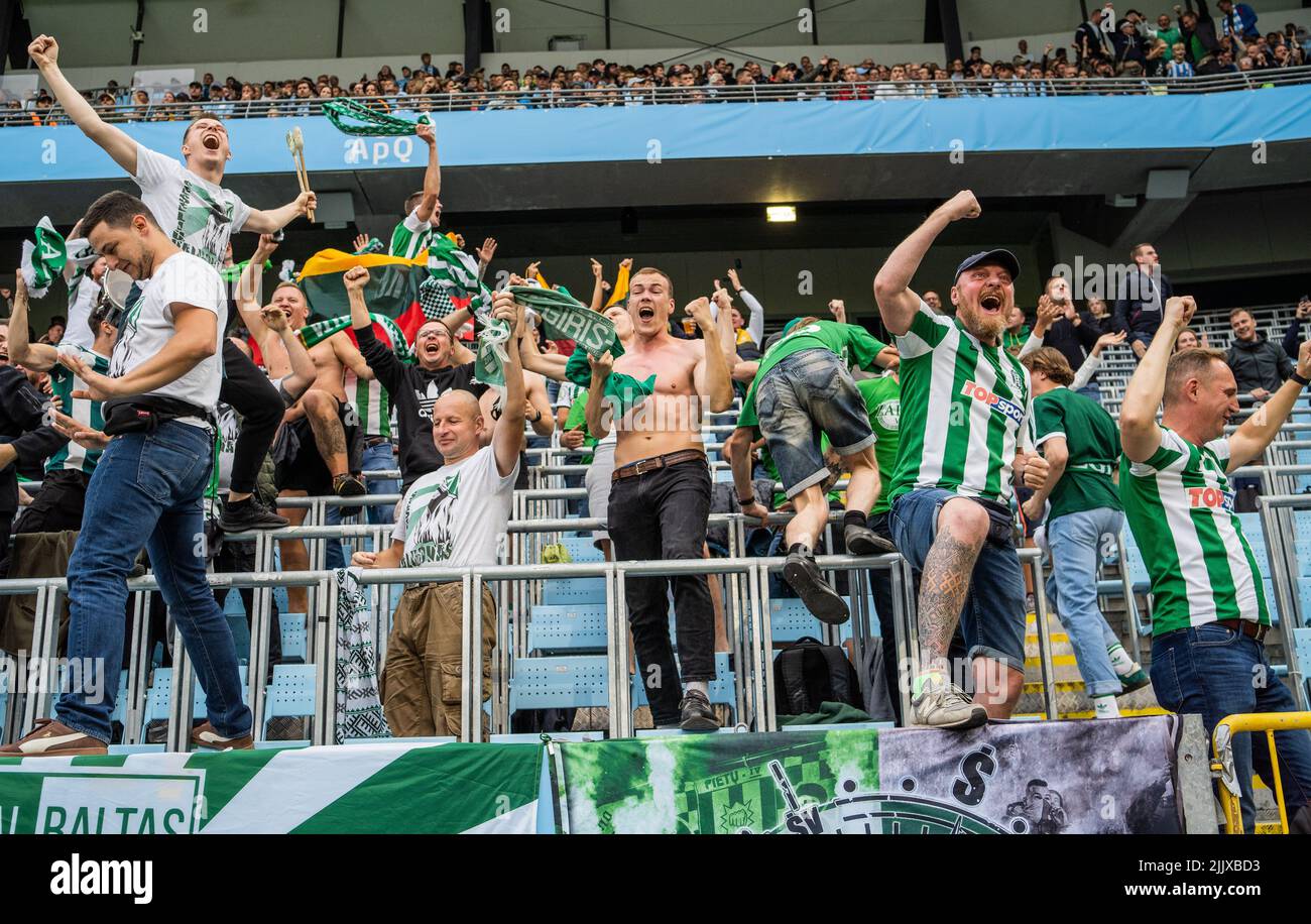 Malmoe, Sweden. 27th July, 2022. Football fans of Zalgiris Vilnius seen ...