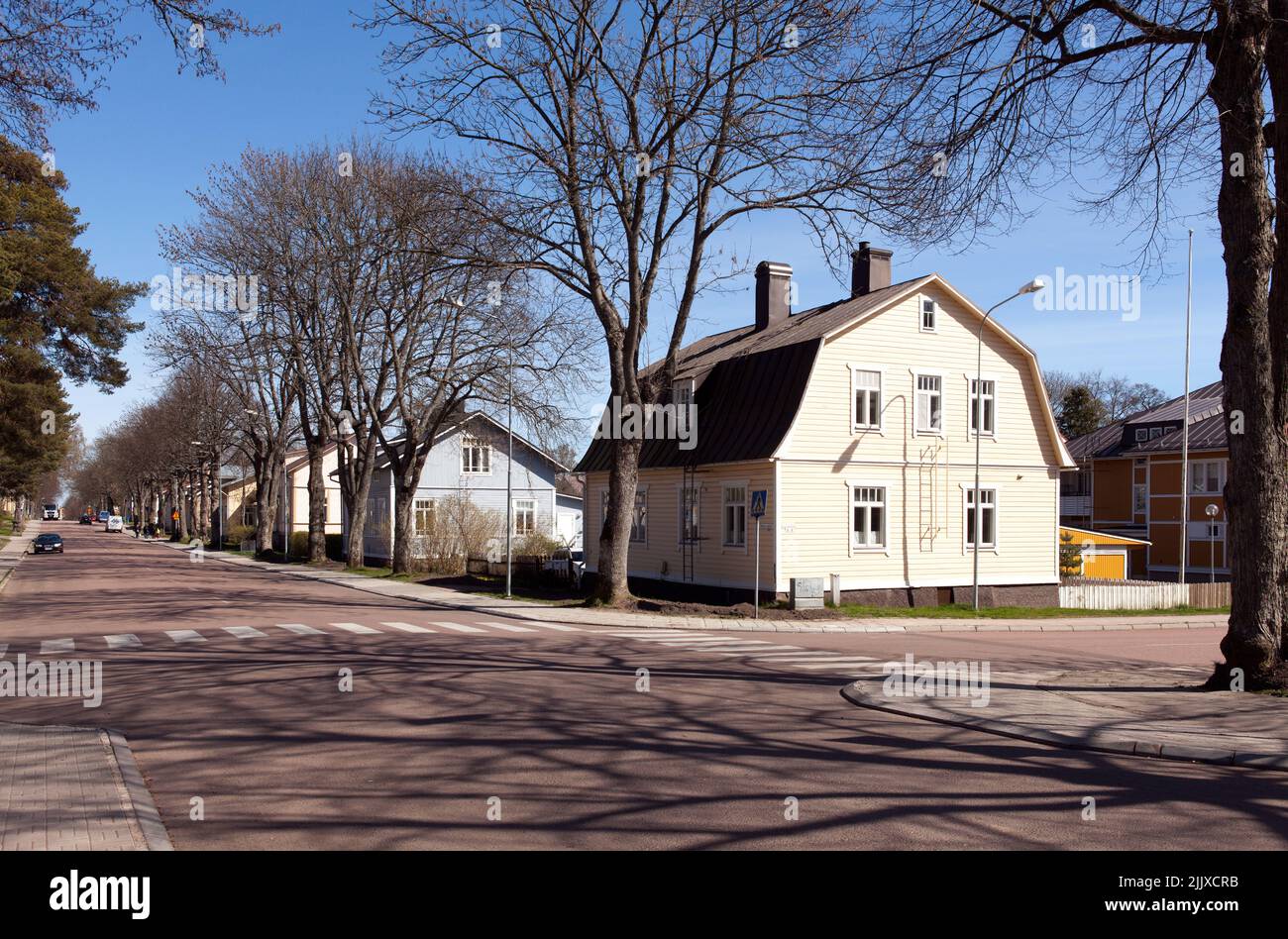 MARIEHAMN, ALAND ON MAY 07, 2016. View of a small town. Wooden ...