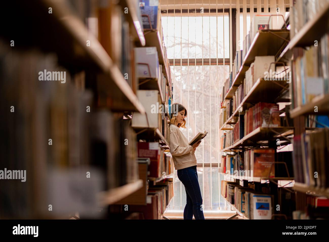 Beautiful girl reading a book while leaning on the bookshelves Stock ...