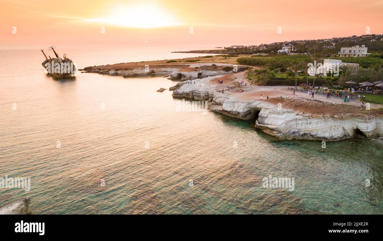 Aerial bird’s eye view of the abandoned ship wreck EDRO III in Pegeia ...