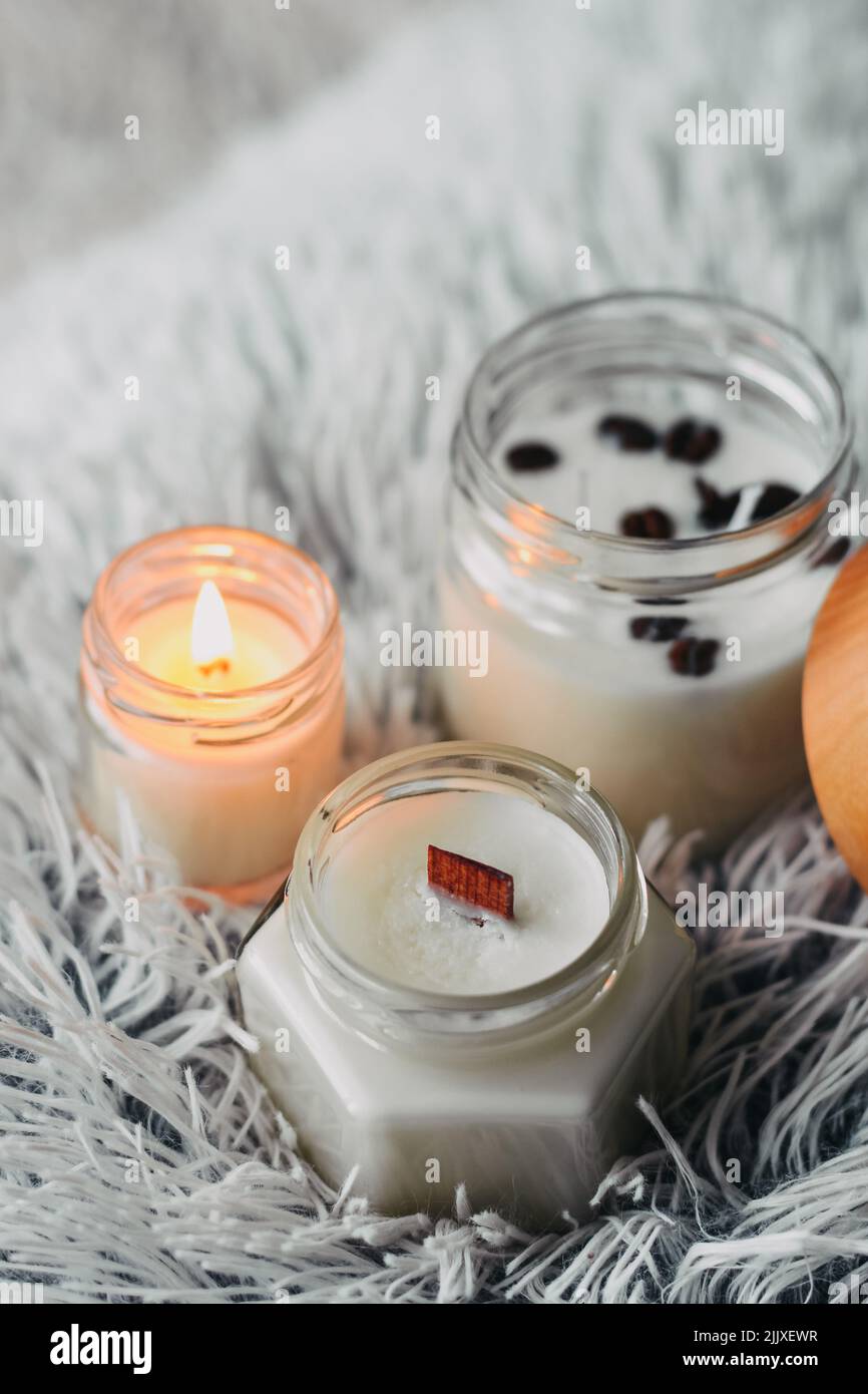 Scented candles in the interior. Interior details in milky and cold ...