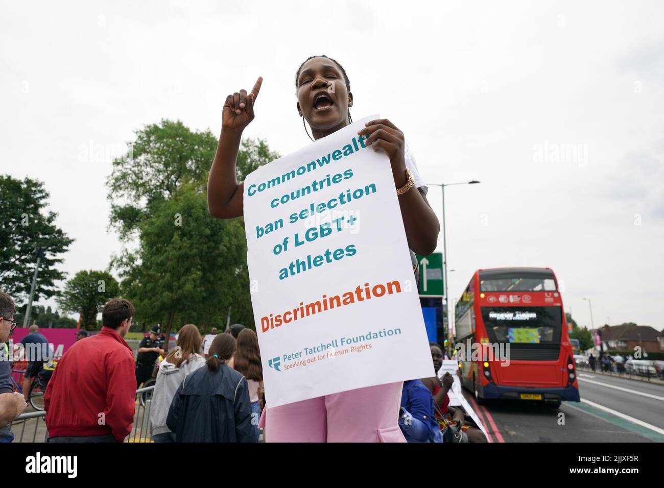 A person during a LGBT+ protest outside the Alexander Stadium ...