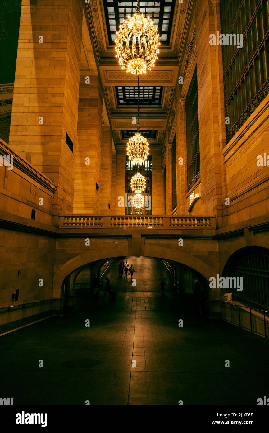 New York City Central Station empty concourse illuminated by yellow ...