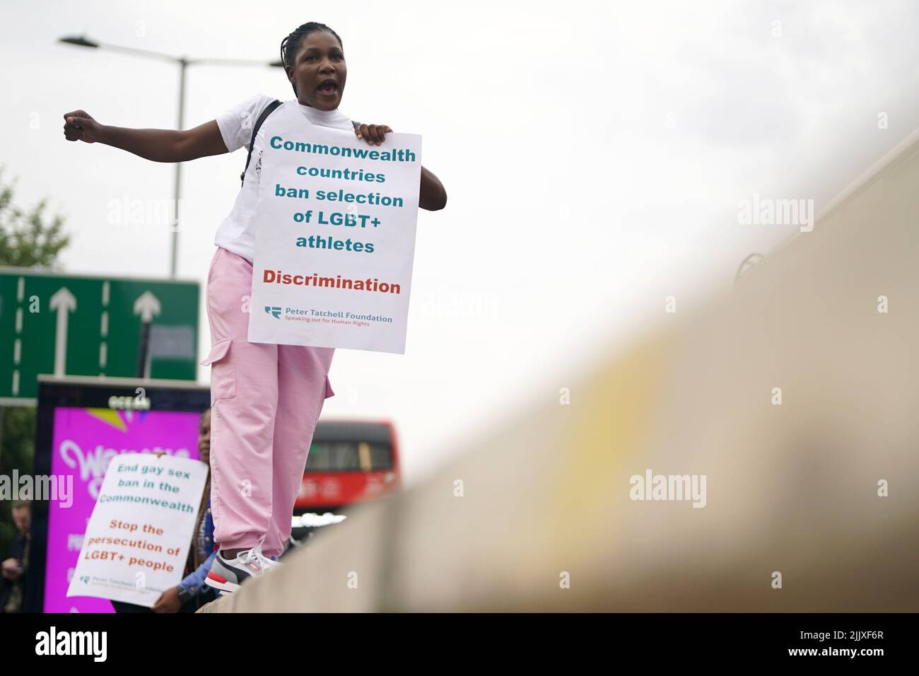 A person during a LGBT+ protest outside the Alexander Stadium ...