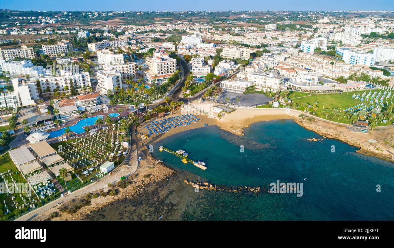 Aerial bird's eye view of Pernera beach in Protaras, Paralimni ...