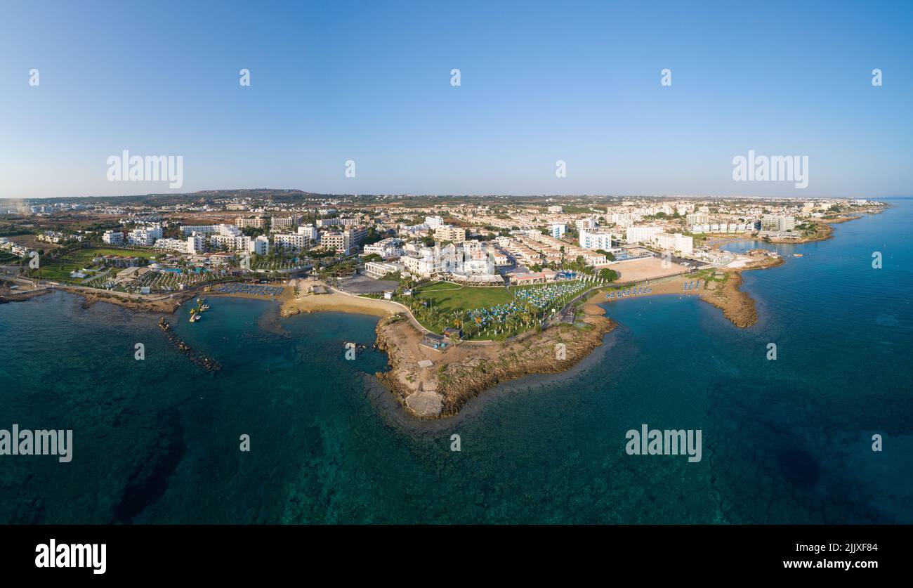 Aerial bird's eye panoramic view of Pernera beach in Protaras ...