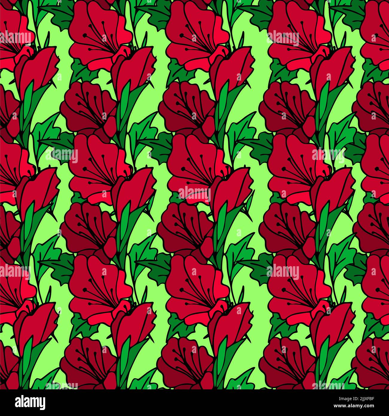 seamless repeating pattern of large red flowers on a green background ...