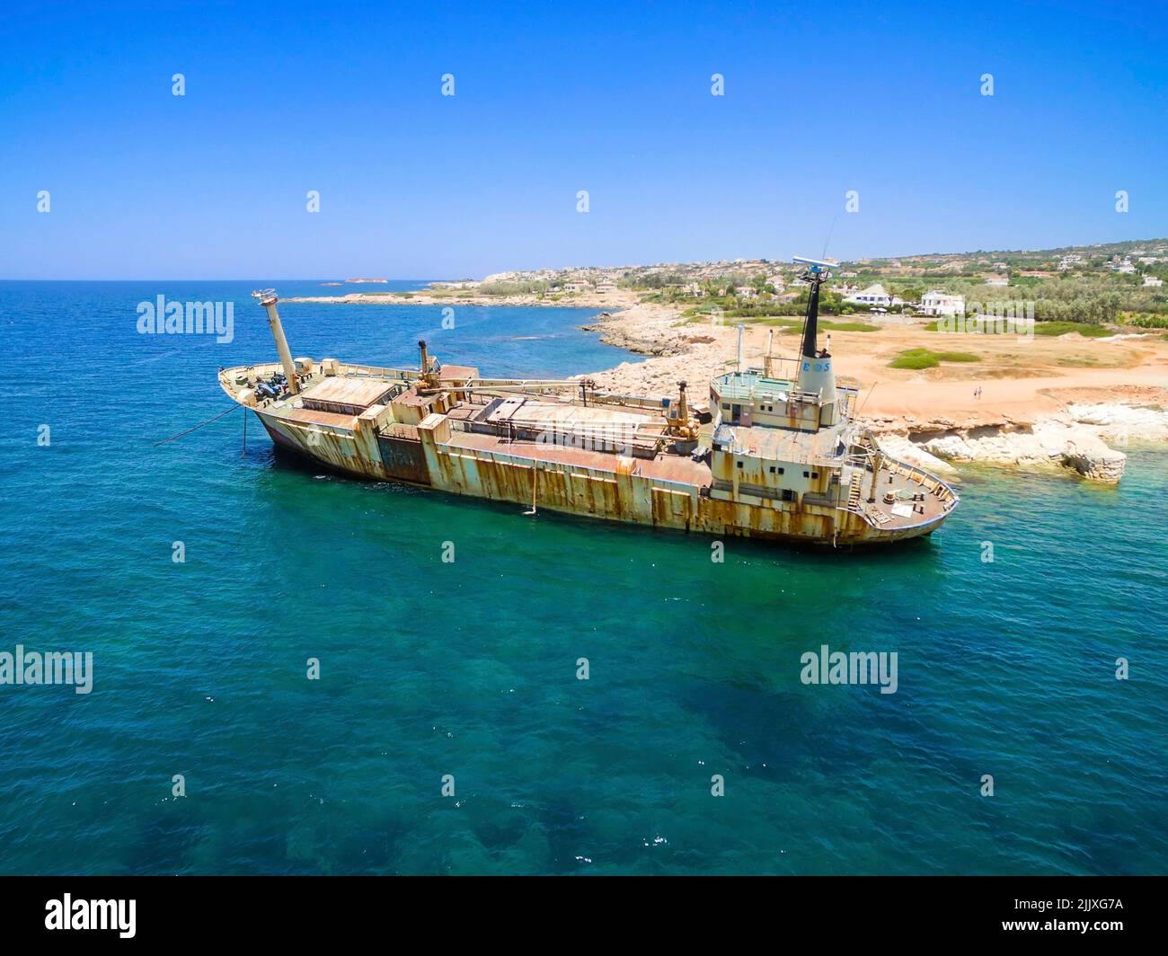 Aerial view of the abandoned ship wreck EDRO III in Pegeia, Paphos ...