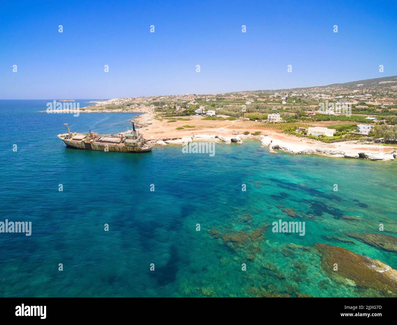 Aerial view of the abandoned ship wreck EDRO III in Pegeia, Paphos ...