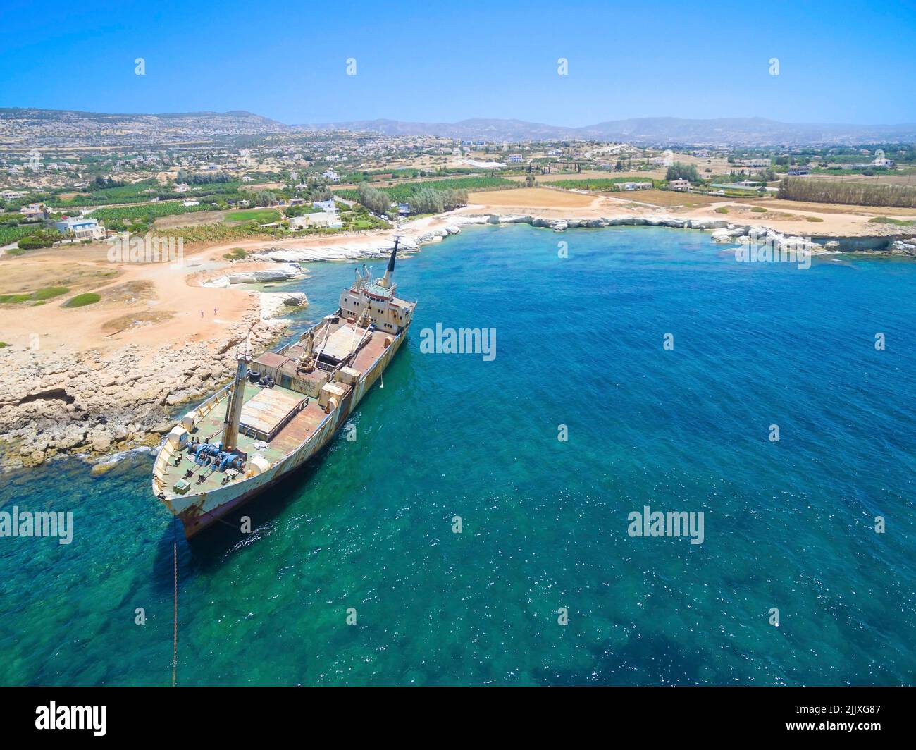 Aerial view of the abandoned ship wreck EDRO III in Pegeia, Paphos ...