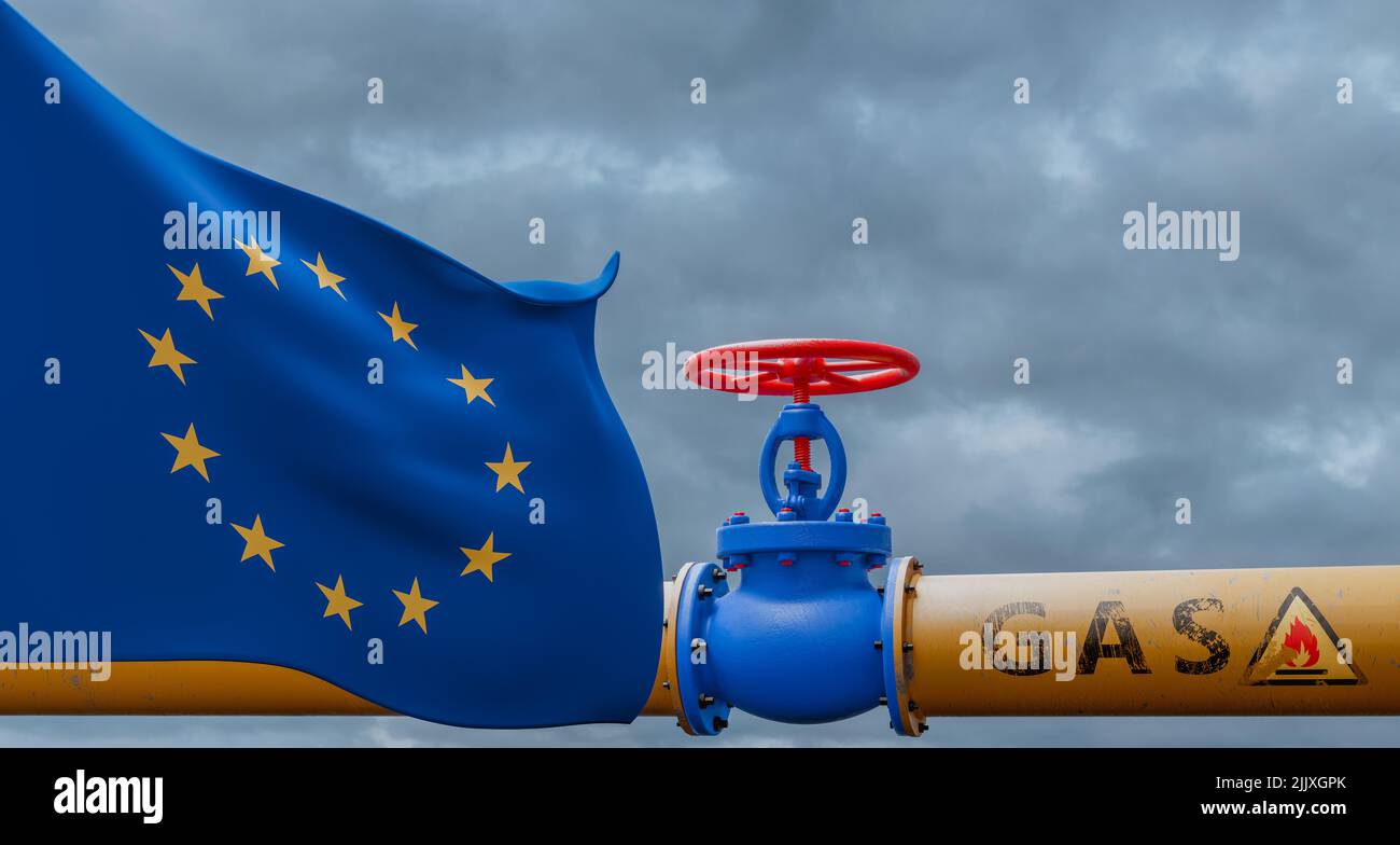Europe gas, valve on the main gas pipeline EU, Pipeline with flags ...