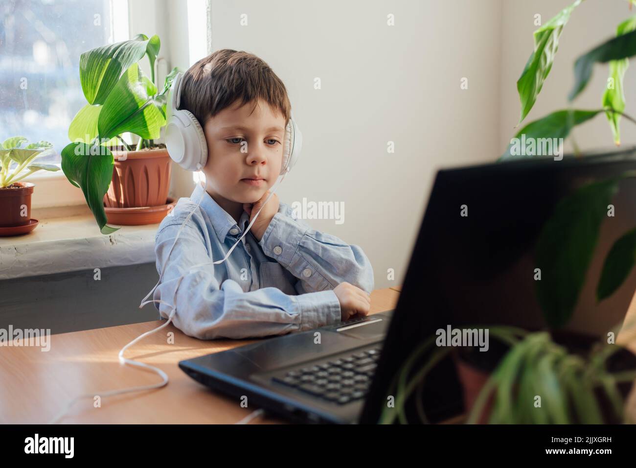 The boy is engaged in online education . Online training. Home ...