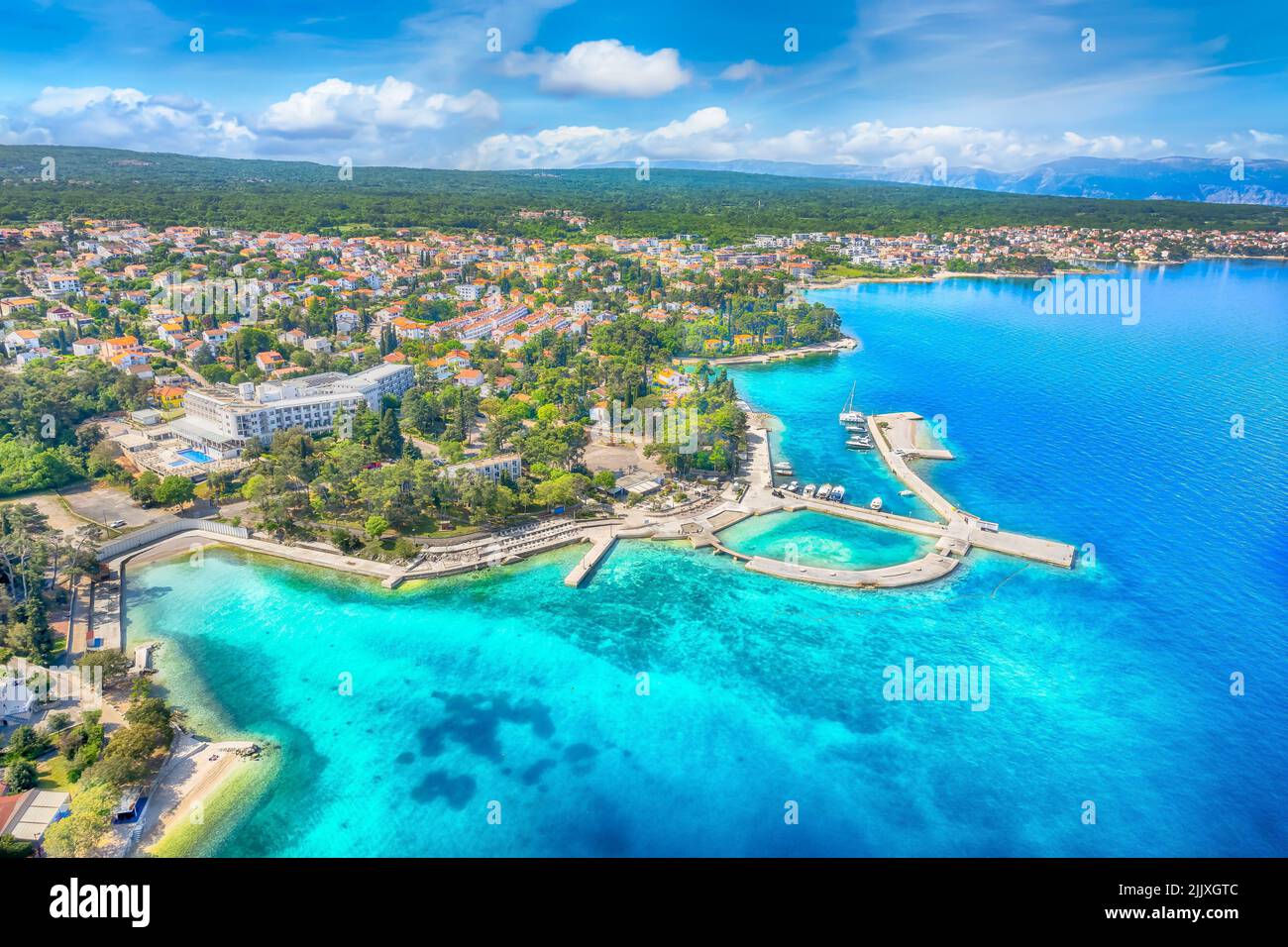 Aerial view with Malinska town and beach, Krk island, Croatia Stock ...