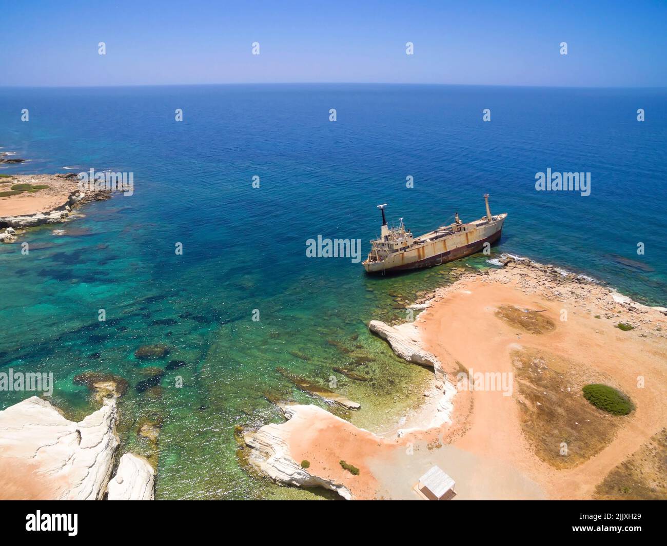 Aerial view of the abandoned ship wreck EDRO III in Pegeia, Paphos ...