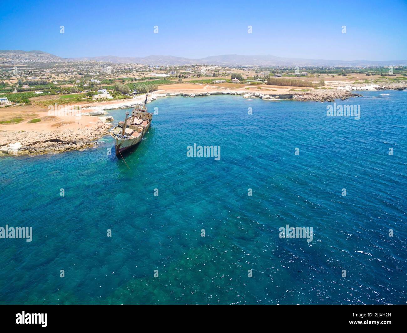 Aerial view of the abandoned ship wreck EDRO III in Pegeia, Paphos ...