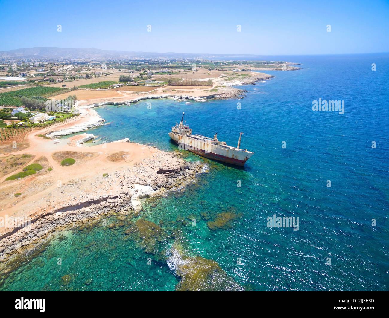 Aerial view of the abandoned ship wreck EDRO III in Pegeia, Paphos ...
