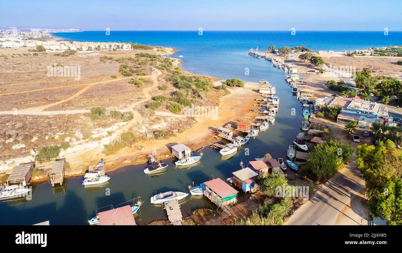 Aerial bird's eye view of Liopetri river to the sea (potamos Liopetriou ...