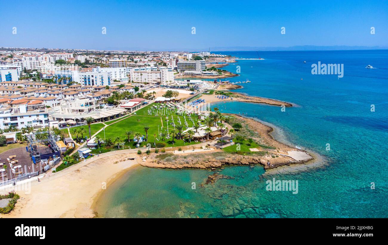 Aerial bird's eye view of Pernera beach in Protaras, Paralimni ...