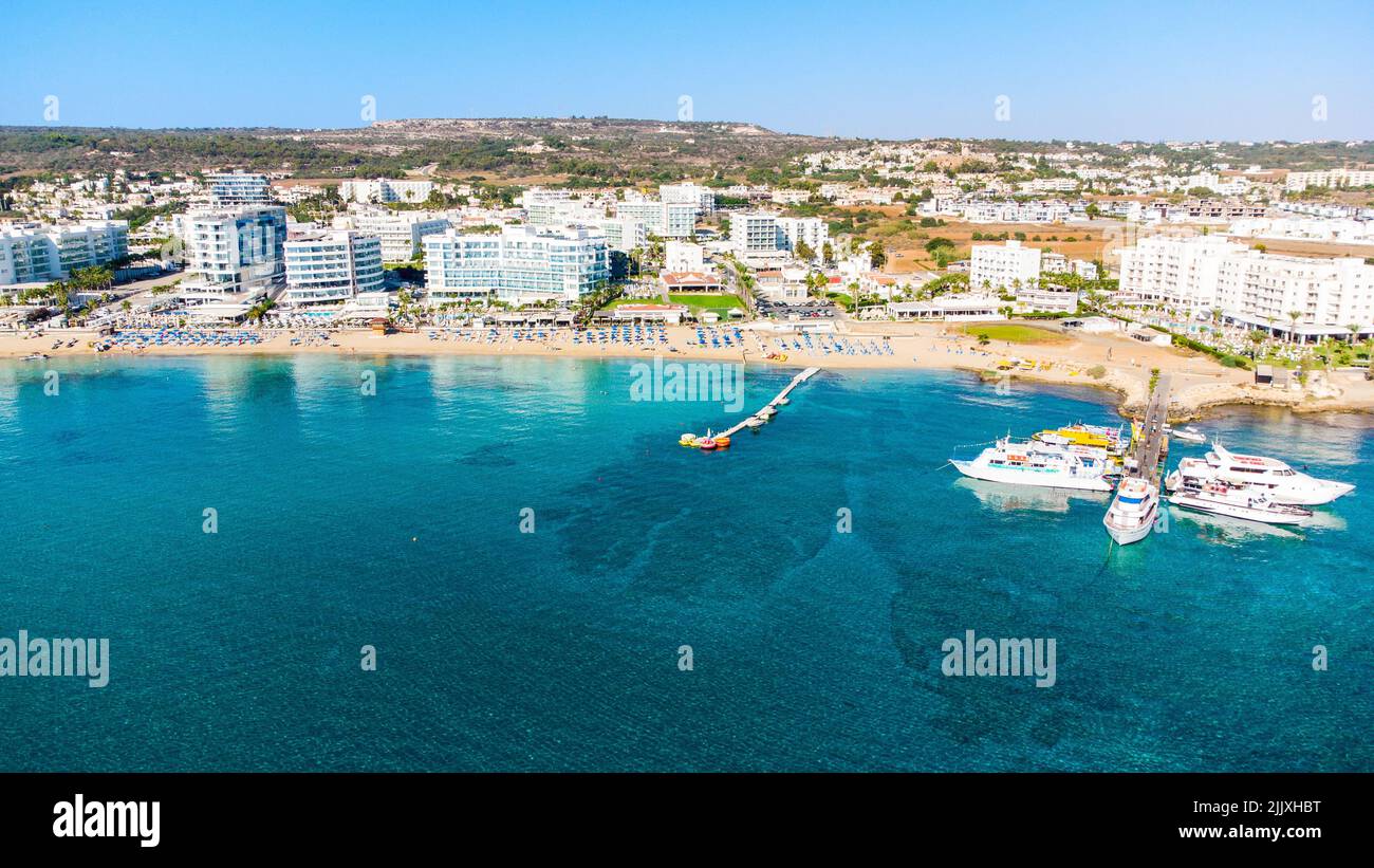 Aerial bird's eye view of Sunrise beach at Fig tree in Protaras ...