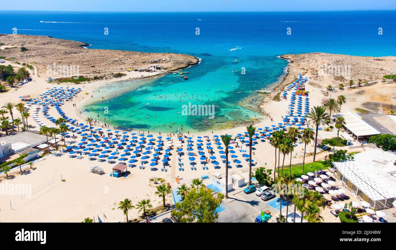 Aerial bird's eye view of Vathia Gonia beach, Ayia Napa, Famagusta ...