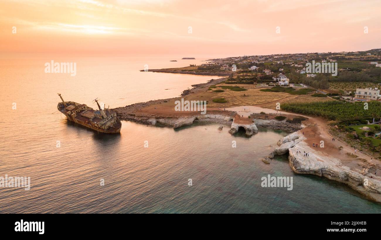 Aerial bird’s eye view of the abandoned ship wreck EDRO III in Pegeia ...