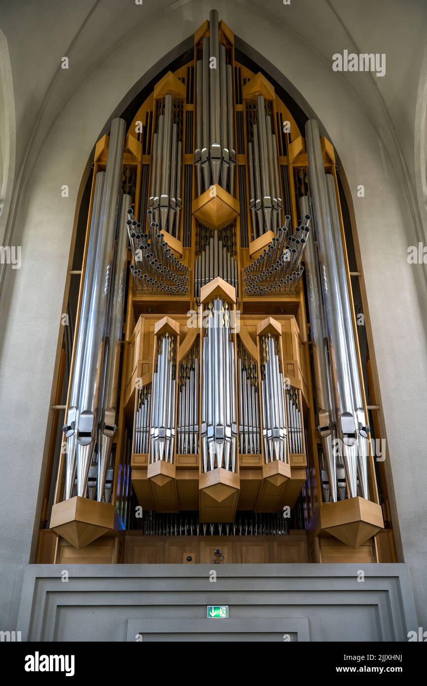 Reykjavik, Iceland - July 1, 2022 Vertical interior view of the iconic ...