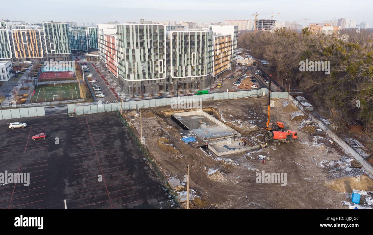 Drones aerial photo of a construction site of a pool, formwork concrete ...