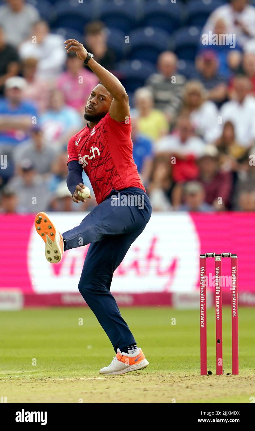 England's Chris Jordan bowls during the second Vitality IT20 match at ...
